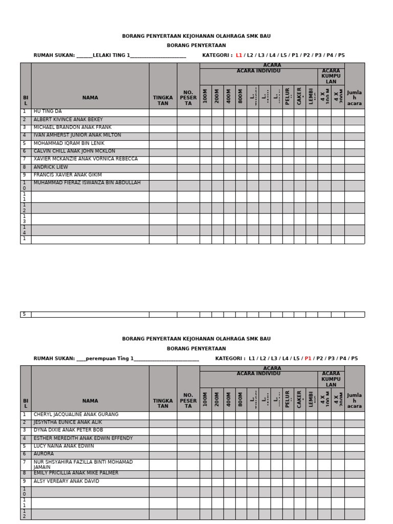 Borang Pendaftaran Olahraga | PDF