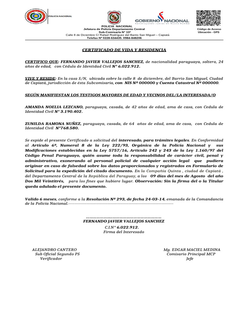 Modelo Vida y Residencia | PDF