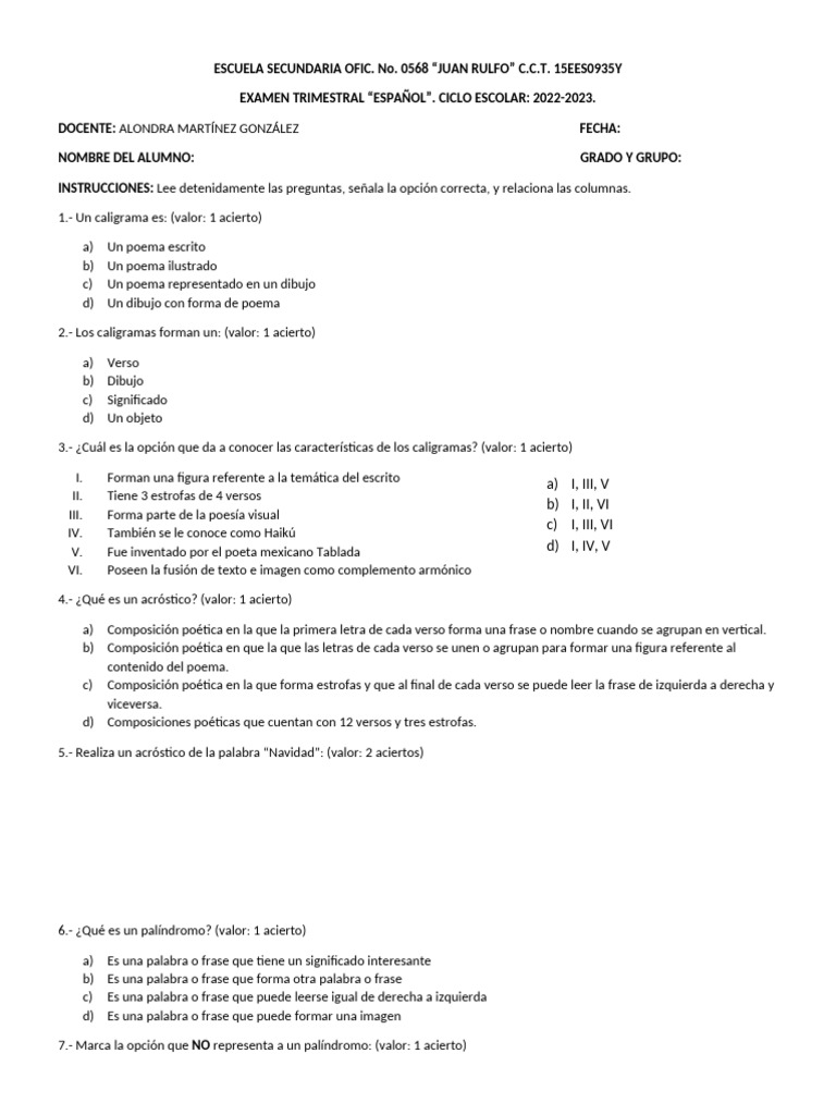 Examen de Español Segundo Grado | PDF | Poesía