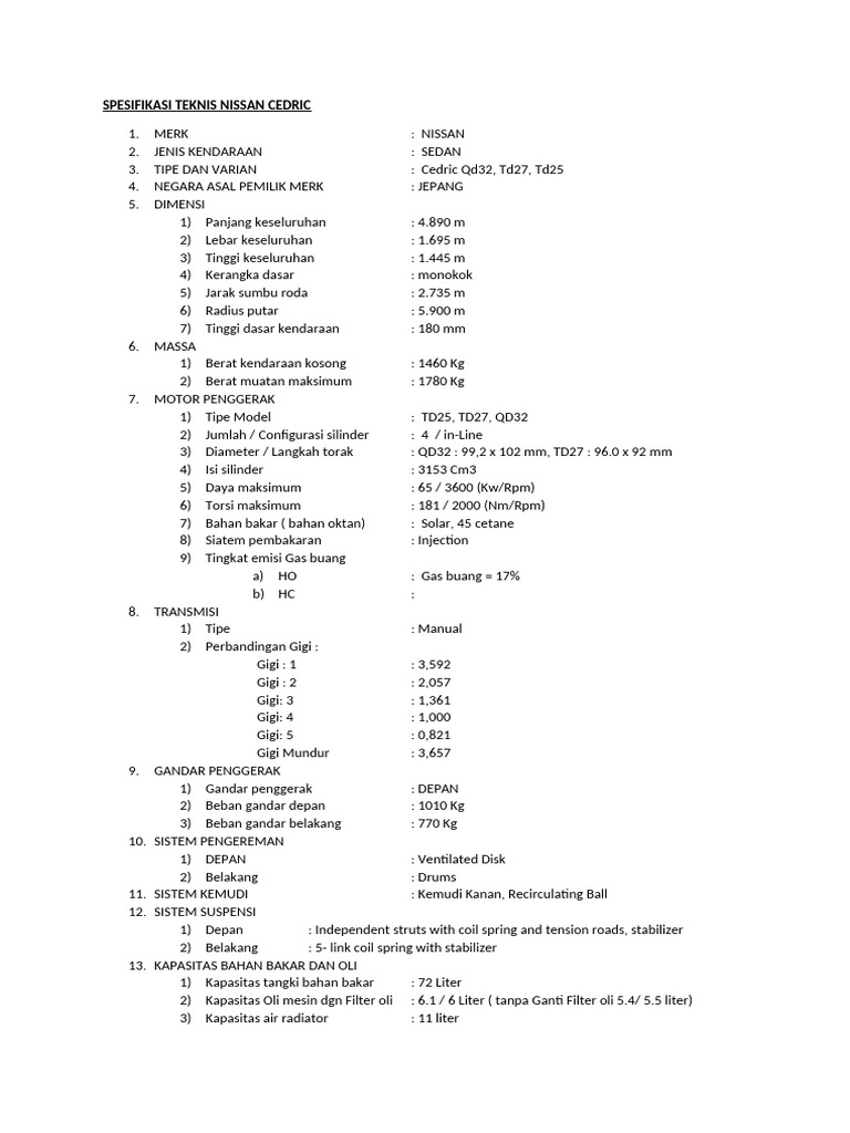 Spesifikasi Teknis Nissan Cedric | PDF