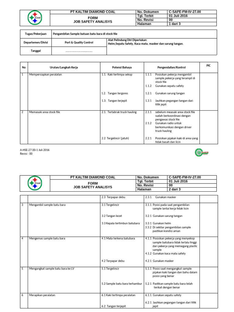 Pengambilan Sample Batu Bara Di Room Stock File | PDF