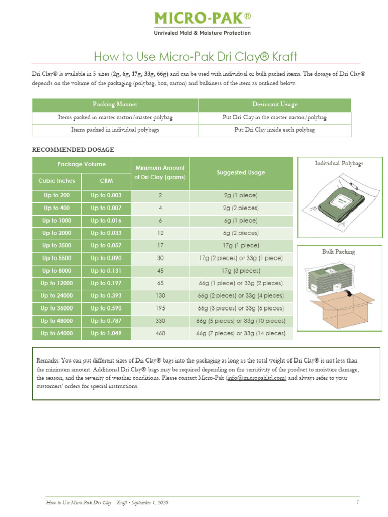 Micro Pak Dri Clay Kraft Usage Guideline 200901 | PDF
