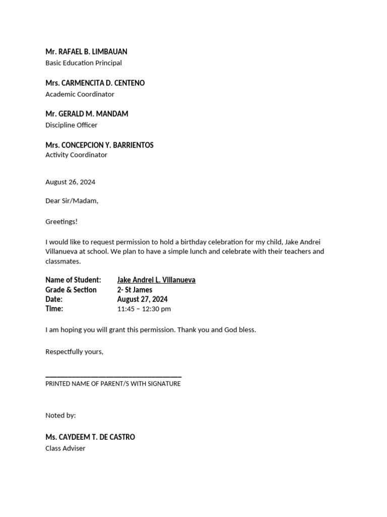 Permission Letter For Birthday | PDF