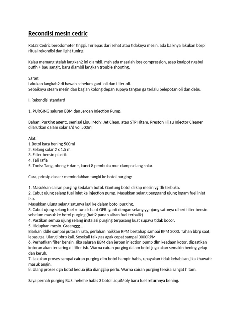 Recondisi Mesin Cedric | PDF