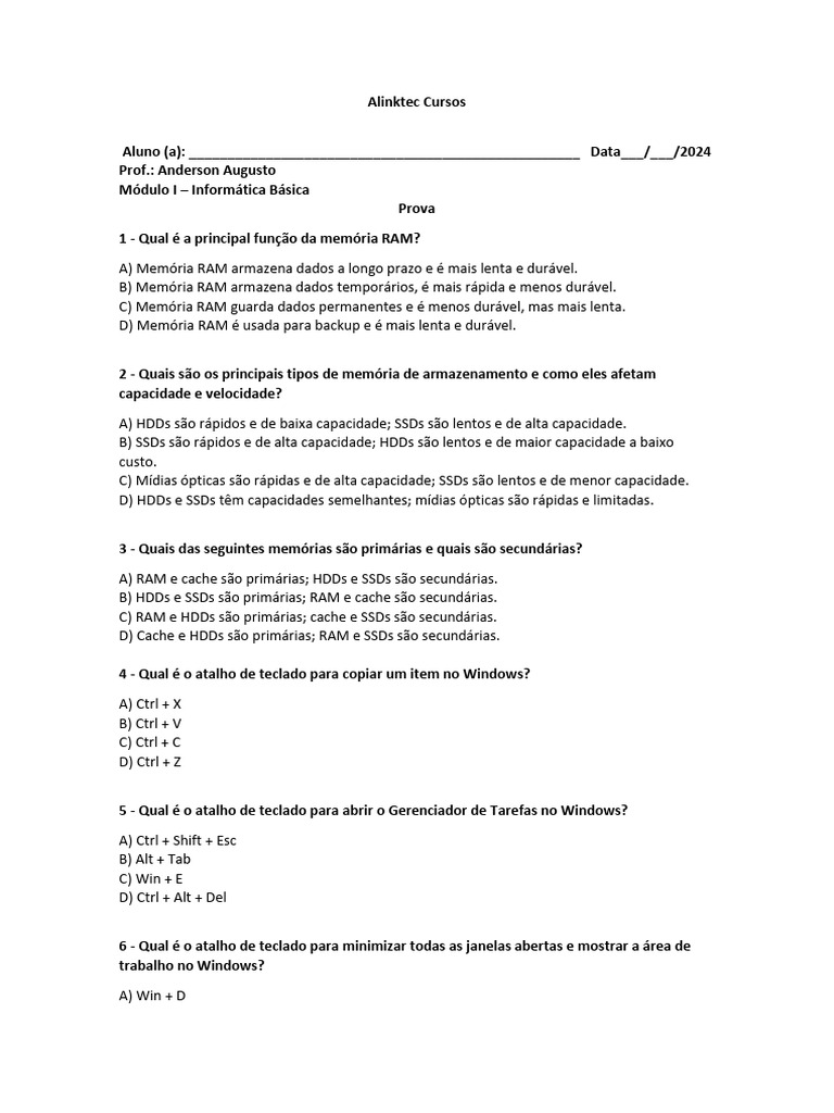 Alinktec Cursos Prova Módulo 1 - informatica | PDF