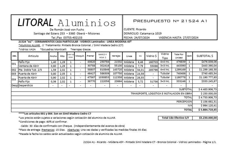 A1 - Ricardo - Modena 45º - Simil Madera - Bronce Colonial - Vidrios ...