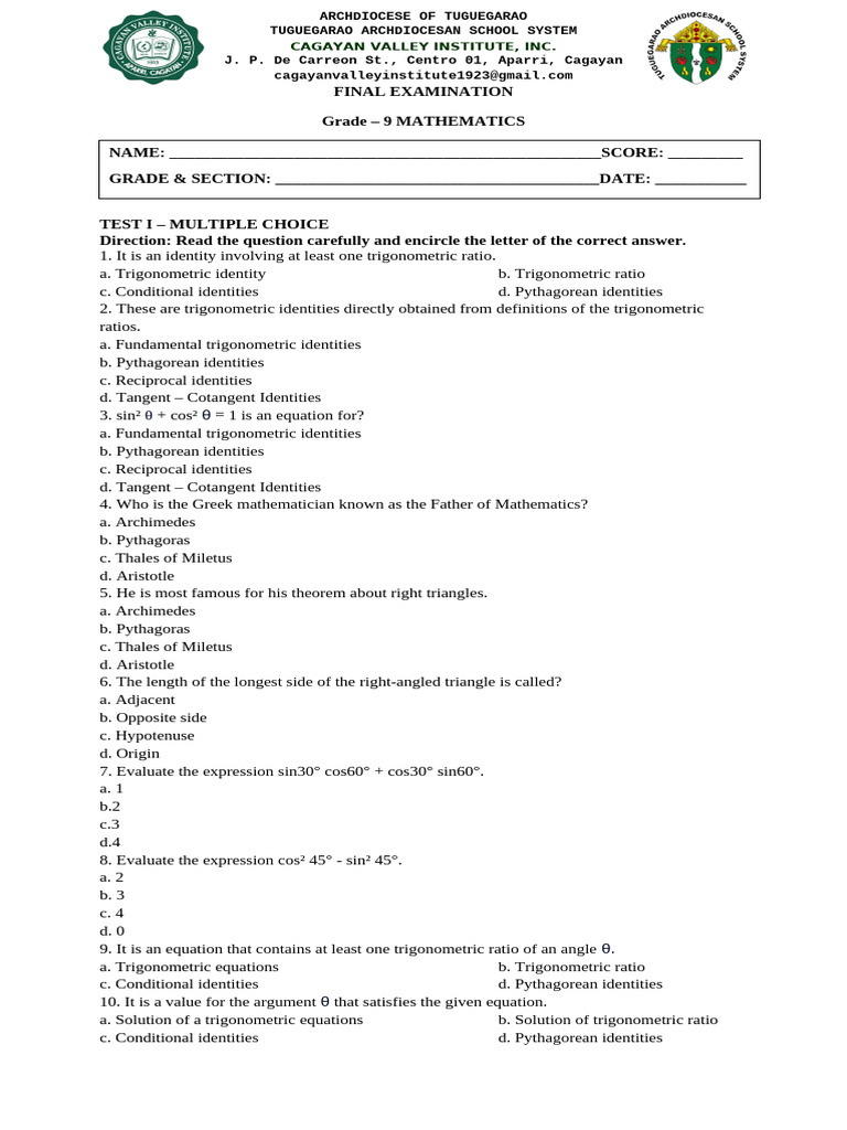 Grade - 9 FINAL EXAMINATIO1 | PDF