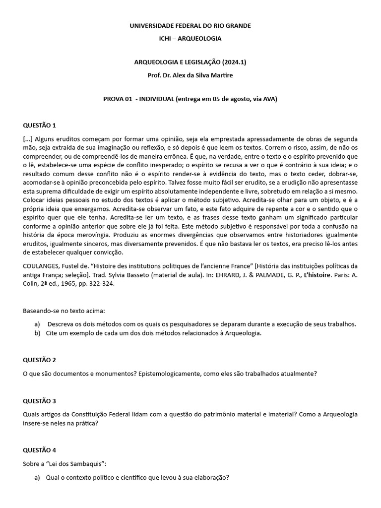 Prova 01 - 2024.1 - Arq e Legislacao | PDF