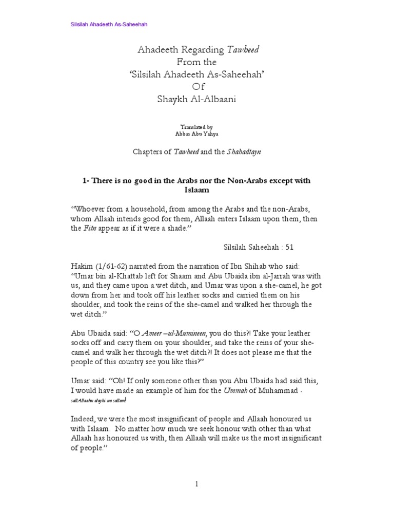 The Ahadeeth of Tawheed From The Silsilah Ahadeeth As-Saheehah' of ...