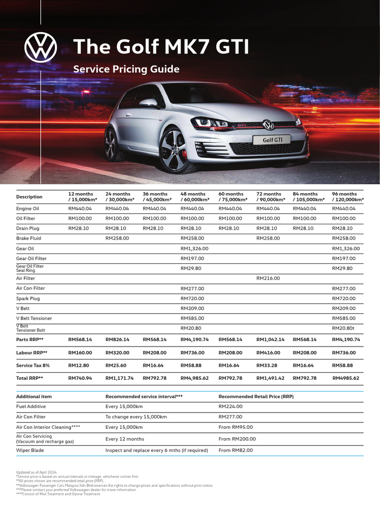 Golf 7 Gti Service Pricing Guide 2024 | PDF