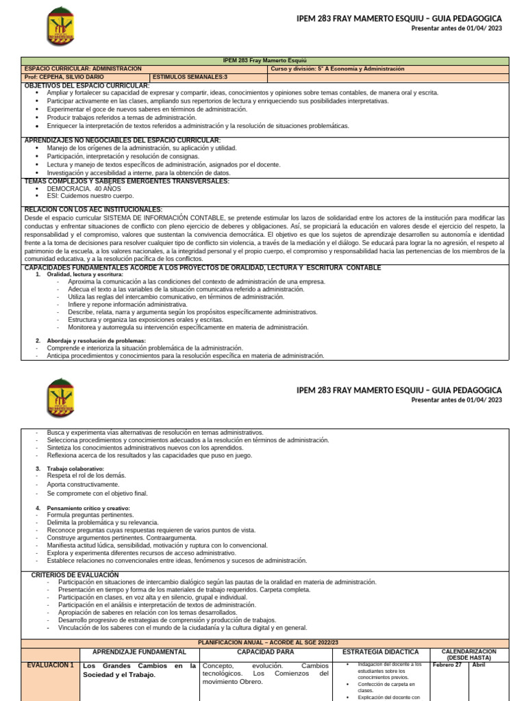 Planif. 5° A Administración | PDF