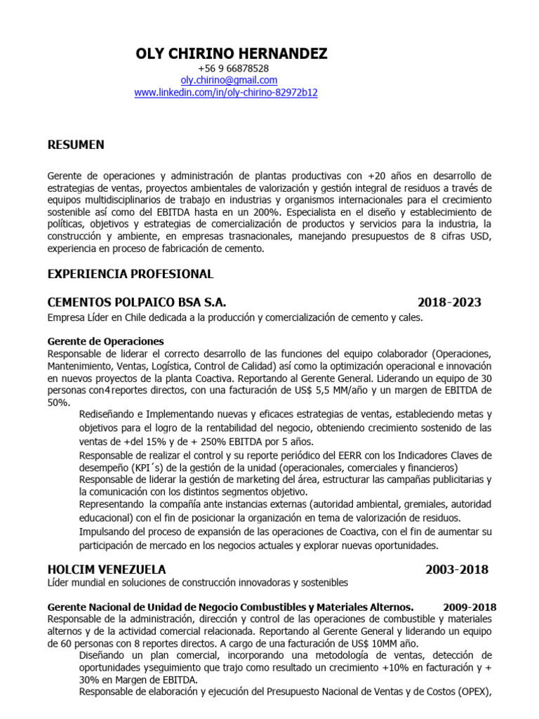 CV Resumen Oly Chirino Rev Final | PDF