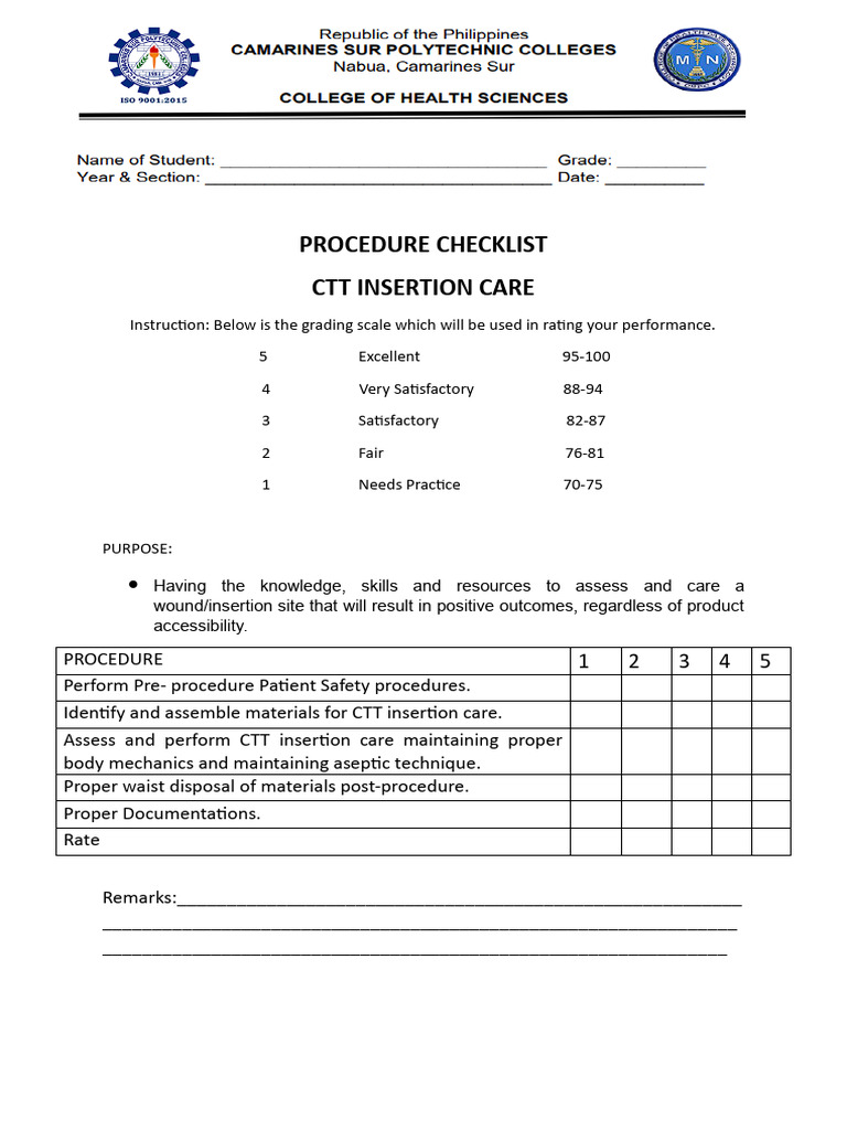 Procedure Checklist CTT | PDF