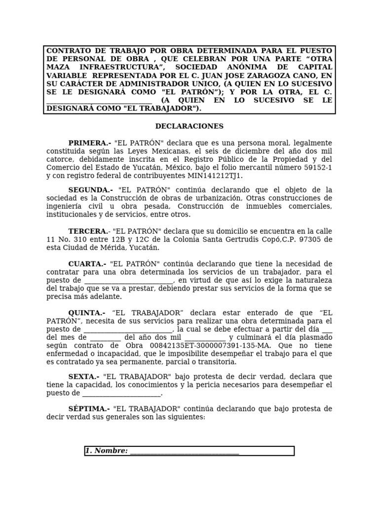 Machote de Contrato Maza | PDF | Tiempo de trabajo | Salario