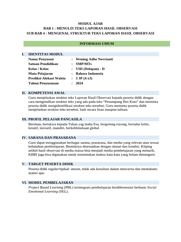 MODUL AJAR Sub Bab Struktur Teks LHO Kls 8 | PDF