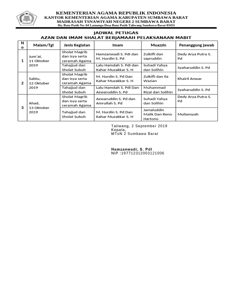 Jadwal Petugas | PDF