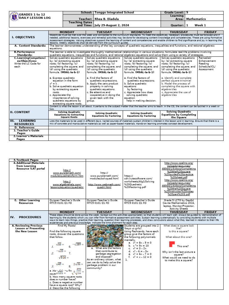 DLL-Math 9 Quarter 1week 1 SY 2024-2025 | PDF