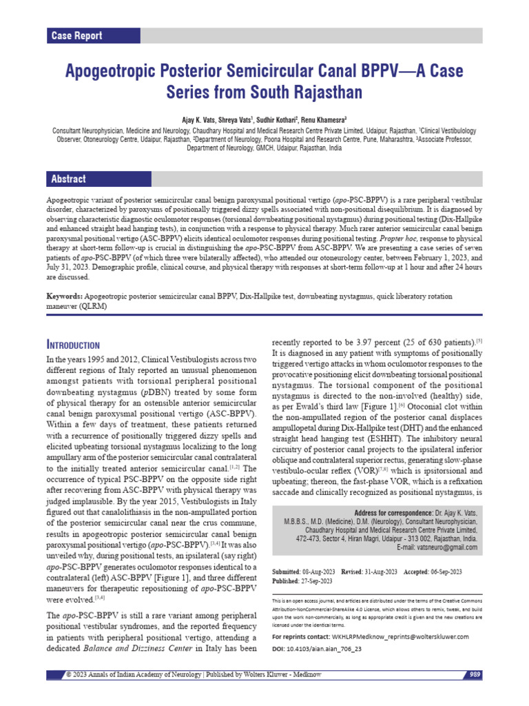 Apogeotropic Posterior Semicircular Canal BPPV A.25 | PDF