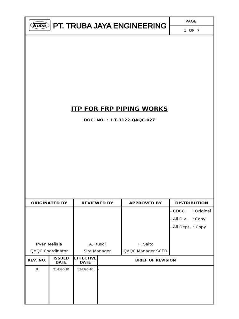 Itp For FRP Piping Works Rev.0 | PDF