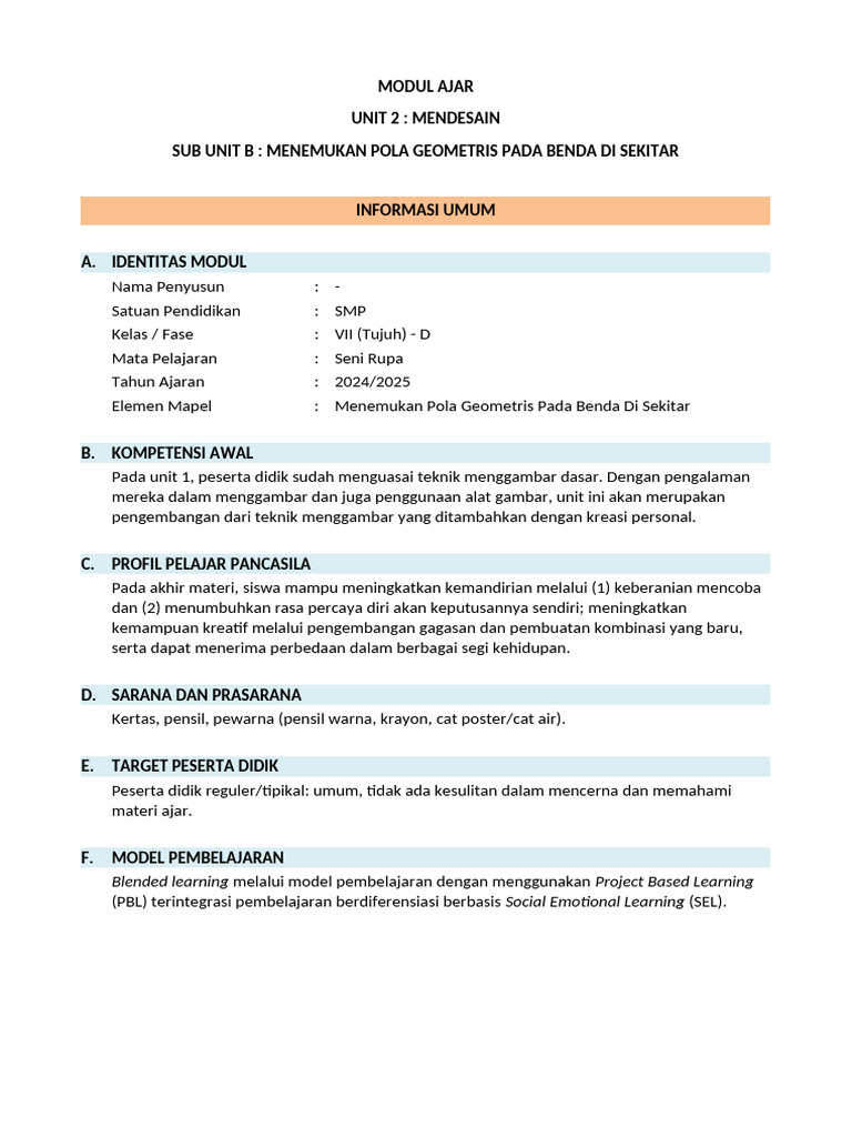 Modul Ajar 7 Seni Rupa - Unit 2 - Sub Unit B | PDF