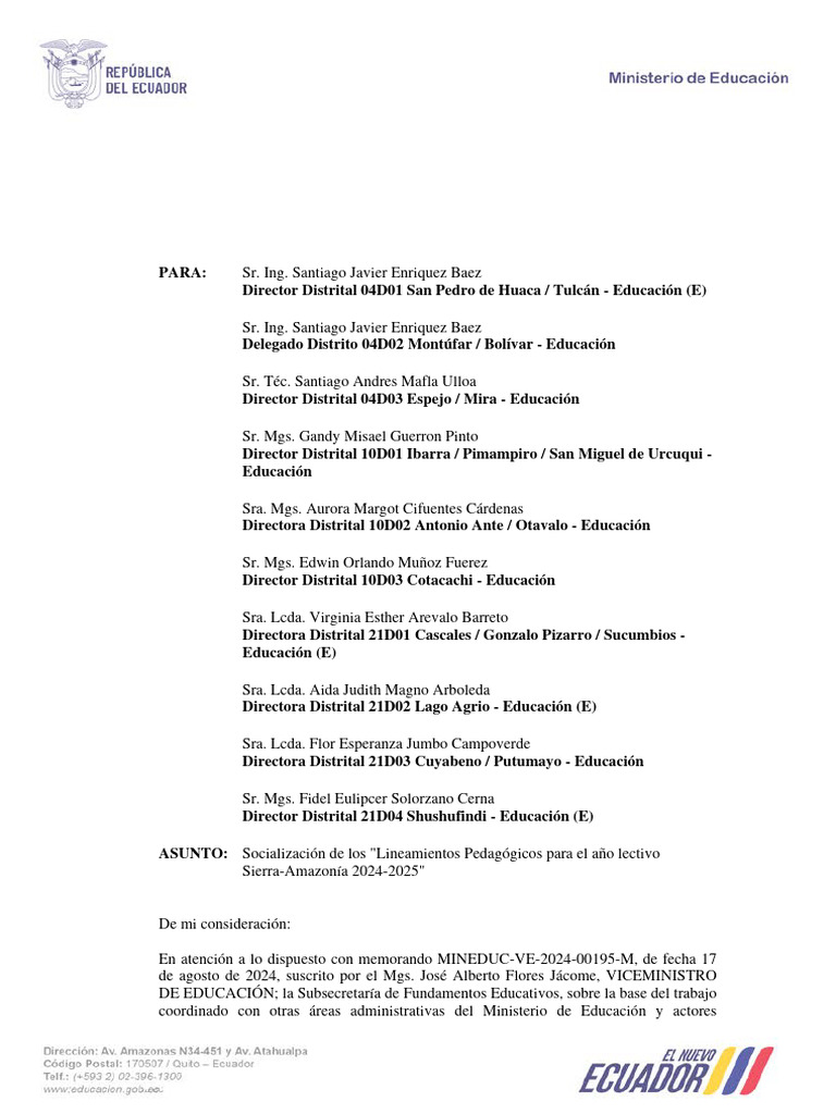 Memorando Nro. MINEDUC-CZ1-2024-06362-M Ibarra, 19 de Agosto de 2024 | PDF