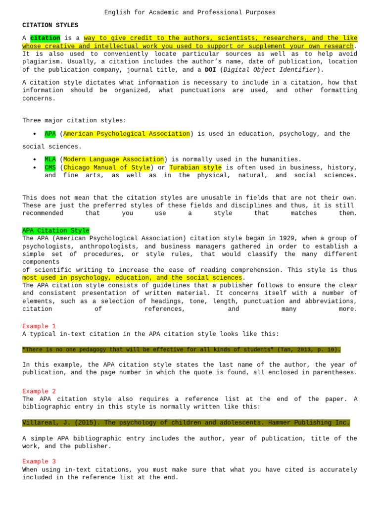 Handout Citation Styles | PDF