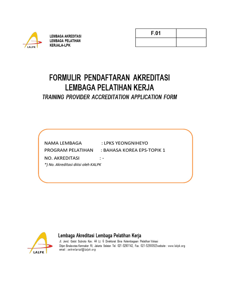 Formulir Pendaftaran Akreditasi Lembaga Pelatihan Kerja: Training Provider Accreditation ...