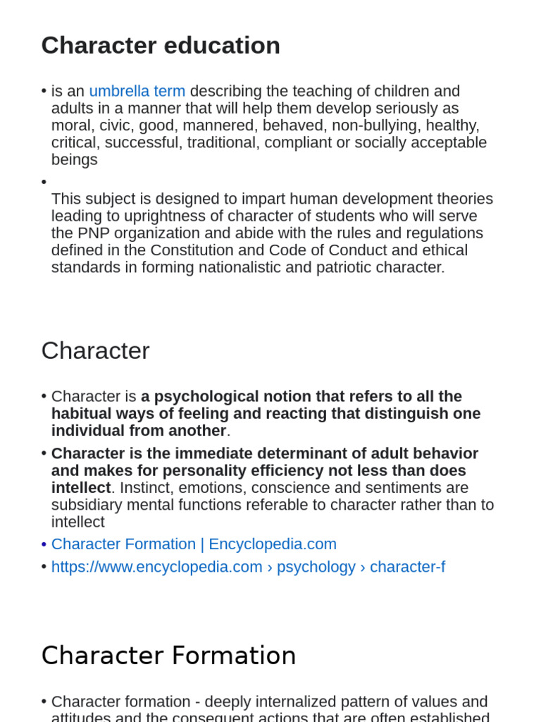 Character Formation Part I Summary 1 | PDF