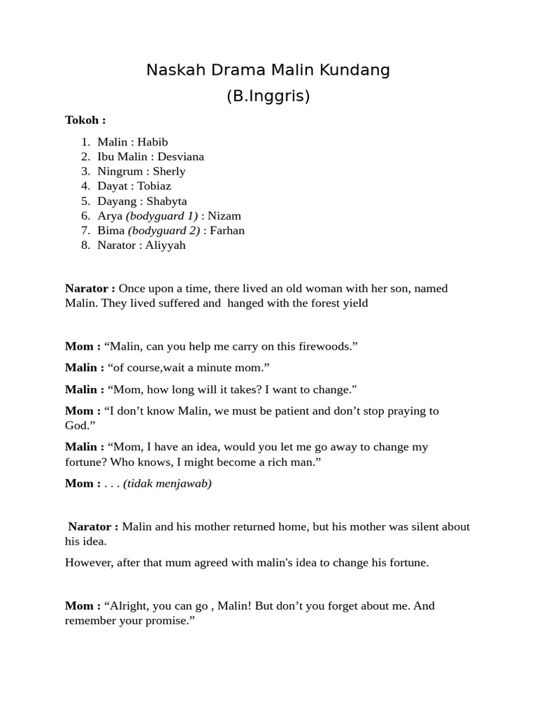 Naskah Drama Malin Kundang (Uprak B.inggris) | PDF