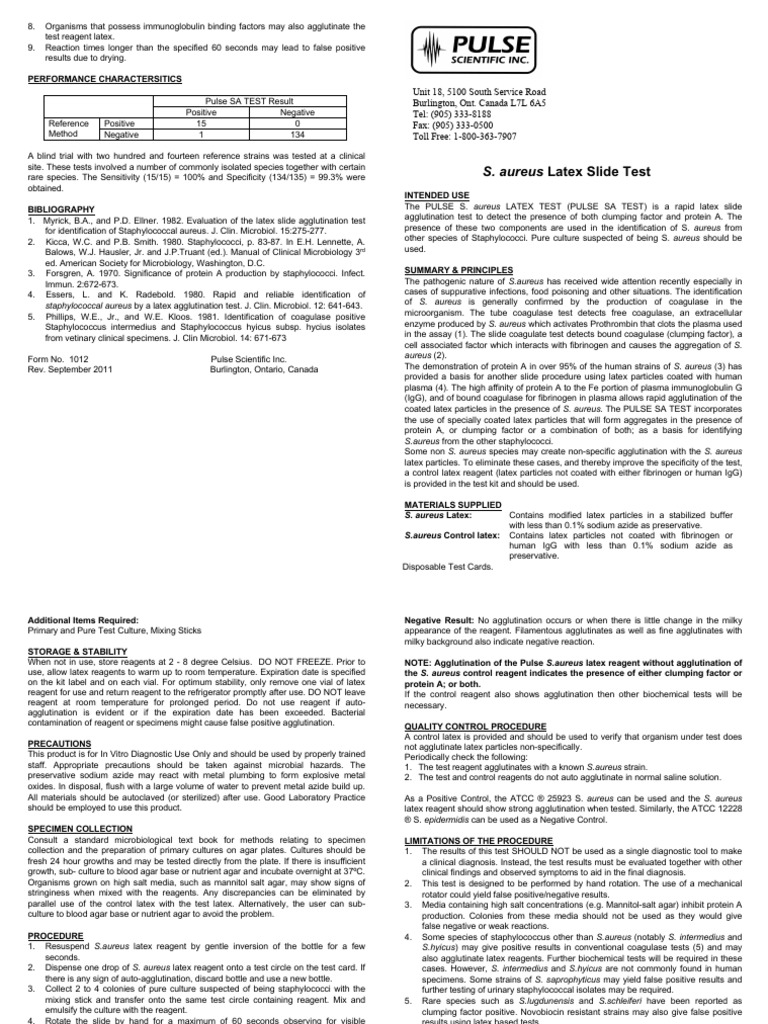 S. Aureus Latex Kit, 100 Testsbox, Merek - Pulse Scientific | PDF