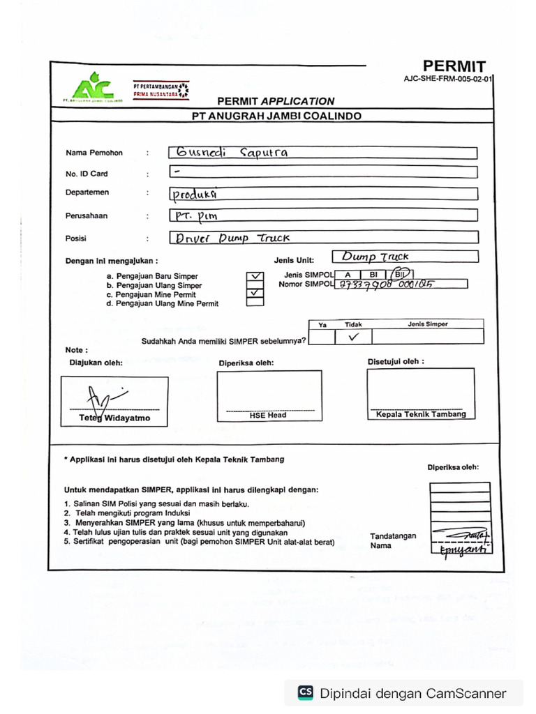 Surat Permohonan MP & SIMPER -Gusnedi | PDF