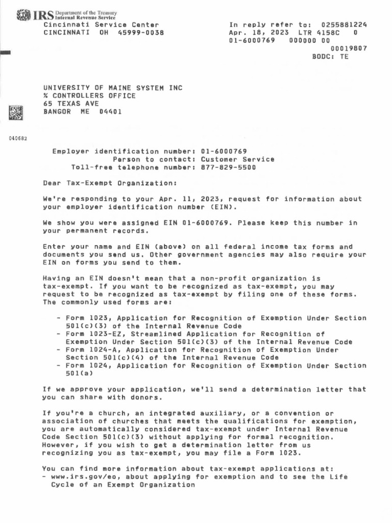 IRS EIN Confirmation for Maine University | PDF | Tax Exemption ...