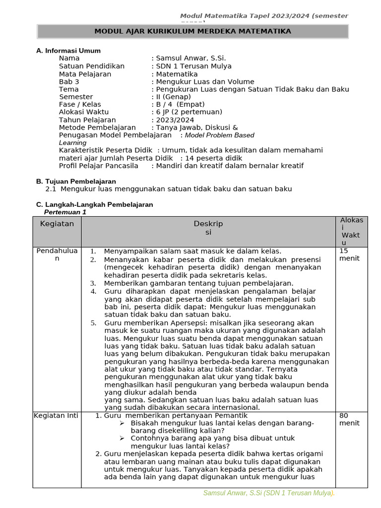 Modul Ajar Matematika - Pengukuran Luas Dengan Satuan Tidak Baku Dan ...