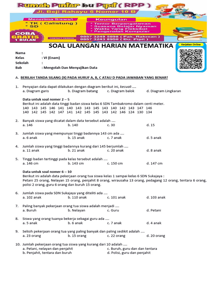 Soal Matematika Kelas 6 SD Bab 4 Pengolahan Dan Penyajian Data Dan Kunci Jawaban | PDF
