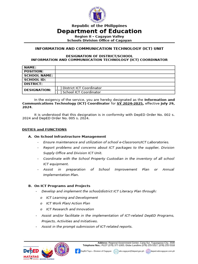 For Re Issuance of Ict Coordinatorship Sy 2024 2025 | PDF