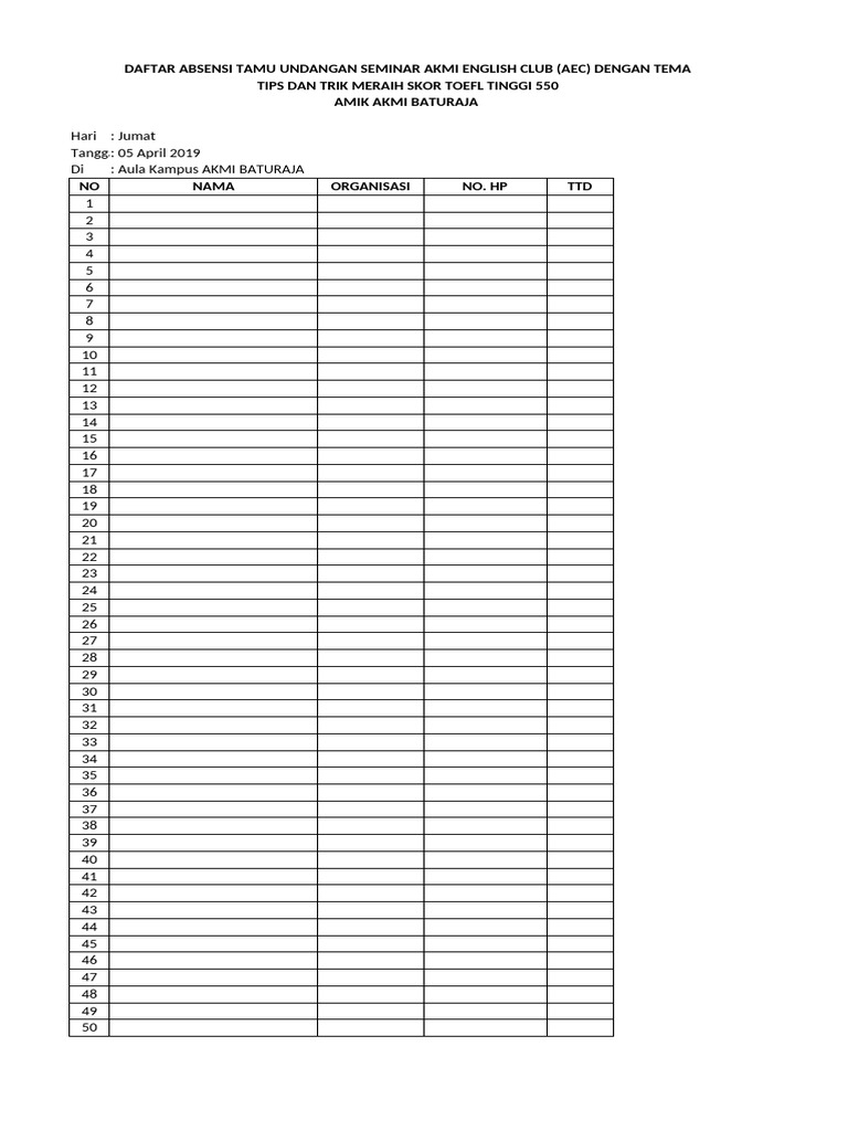 Contoh Absen Tamu Seminar Ukm | PDF