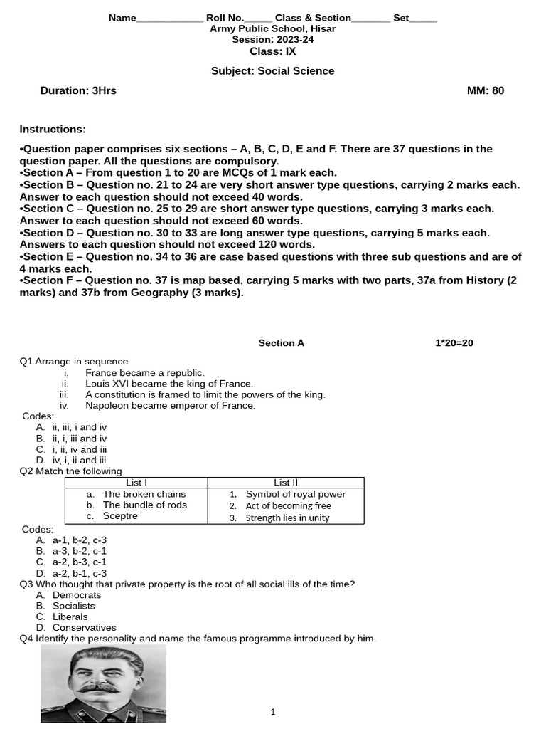Sample QP Class IX | PDF
