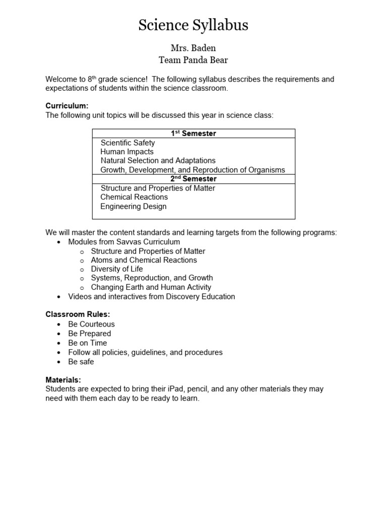 Science Syllabus and Required Texts | PDF | Curriculum | Wellness