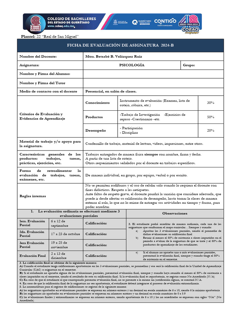 Ficha de Evalaución Psic 2024-B-1 | PDF