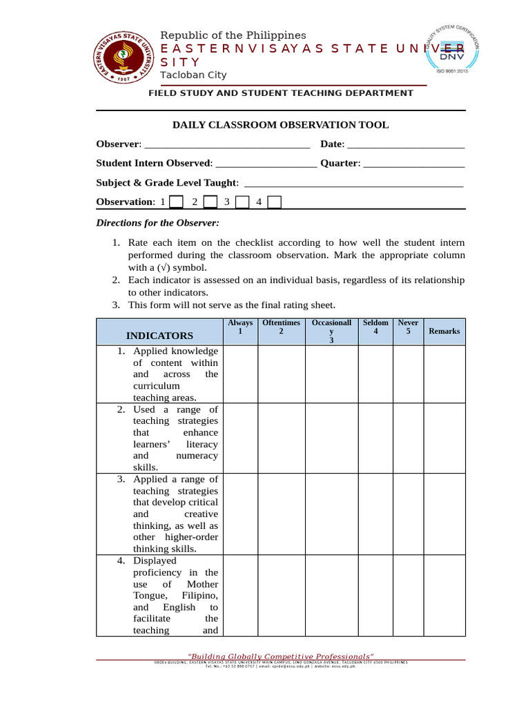 DAILY-CLASSROOM-OBSERVATION-TOOL | PDF