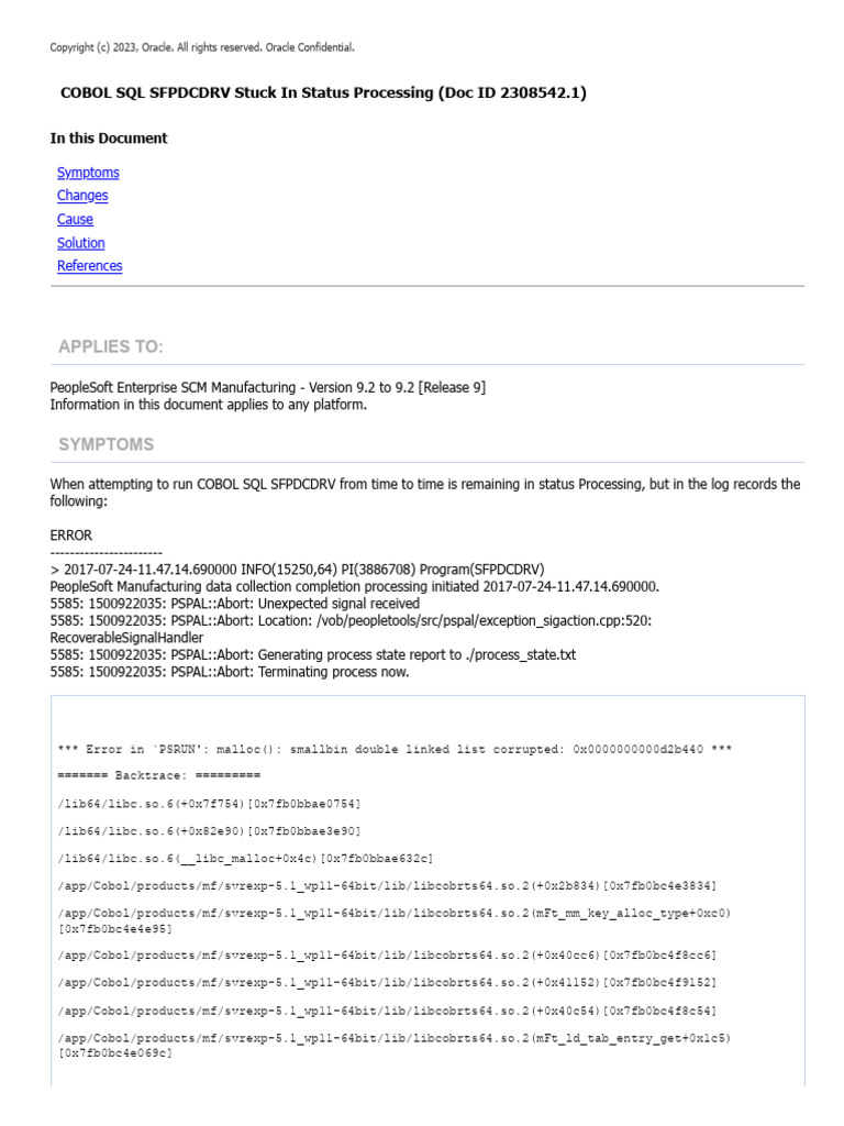 COBOL SQL SFPDCDRV Stuck in Status Processing (Doc ID 2308542.1) | PDF ...