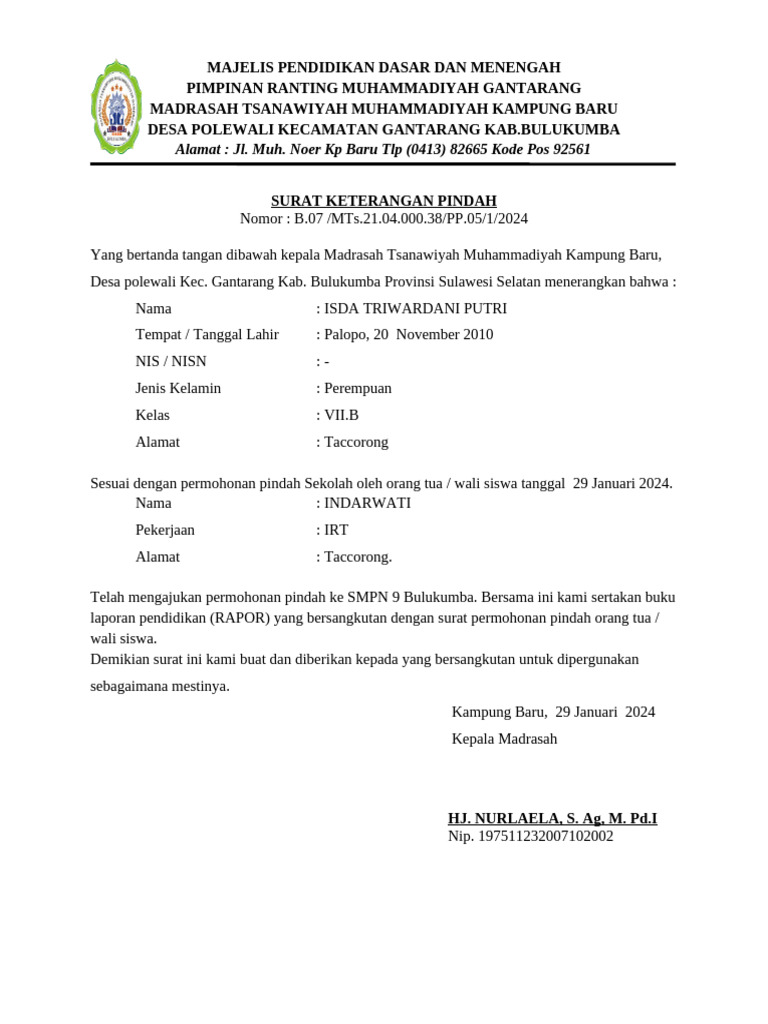 Surat Pindah Sekolah Siswa Pdf