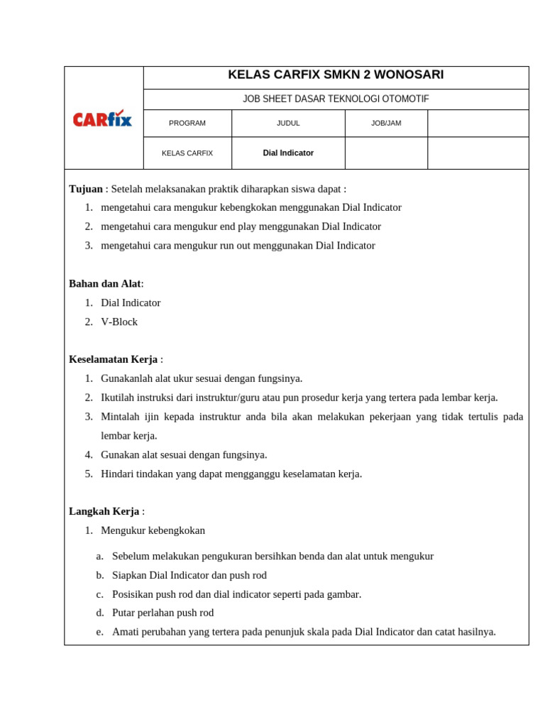 Job Sheet Dial Indicator | PDF