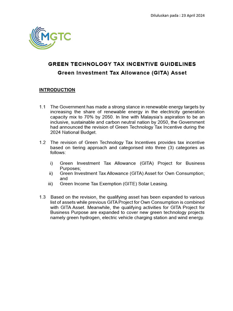 GREEN TECHNOLOGY TAX INCENTIVE GUIDELINES GITA Asset 23 April 2024 | PDF