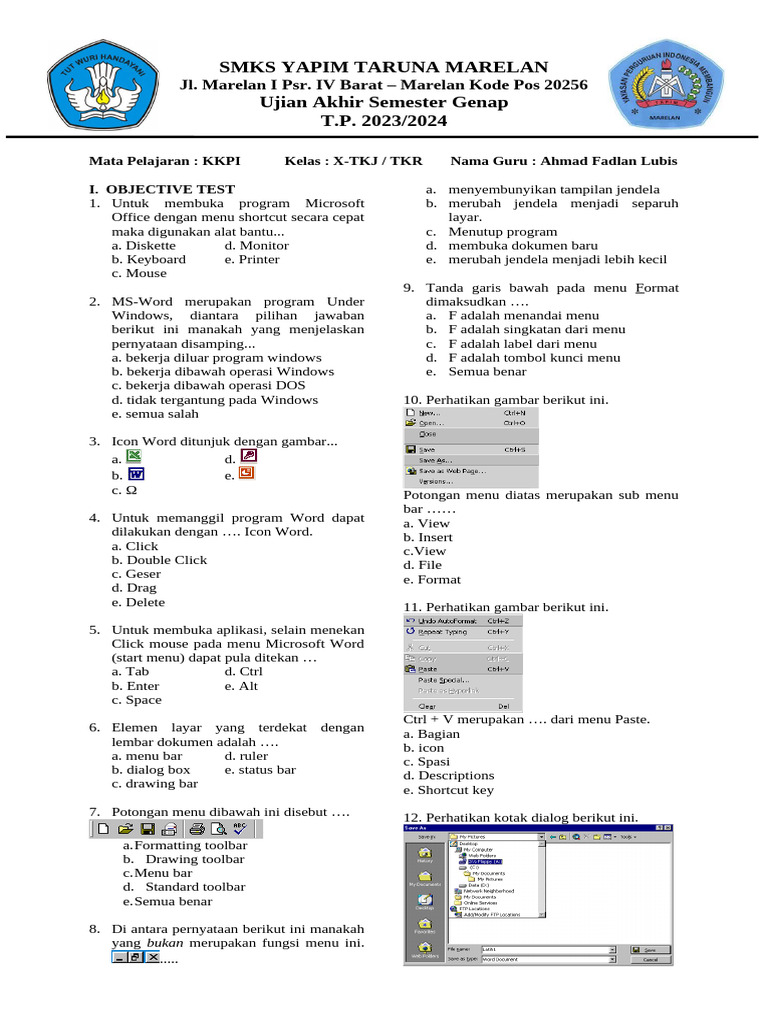 Soal Kkpi X SMK SMSTR Genap 2024 | PDF