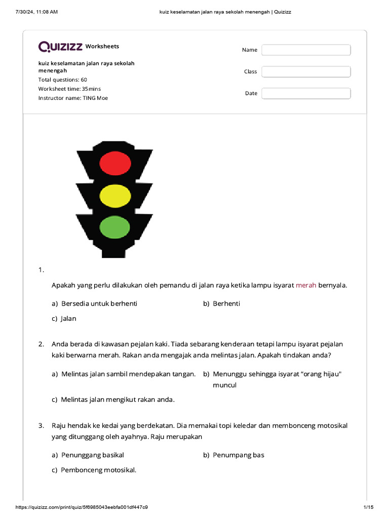 Kuiz Keselamatan Jalan Raya Sekolah Menengah - Quizizz | PDF
