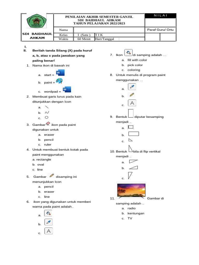 SOAL TIK SD KELAS 1-6 SMT GANJIL 22-23 | PDF