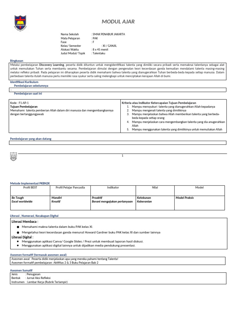 Modul Ajar PAK Kelas XI - P2 - Talentaku | PDF