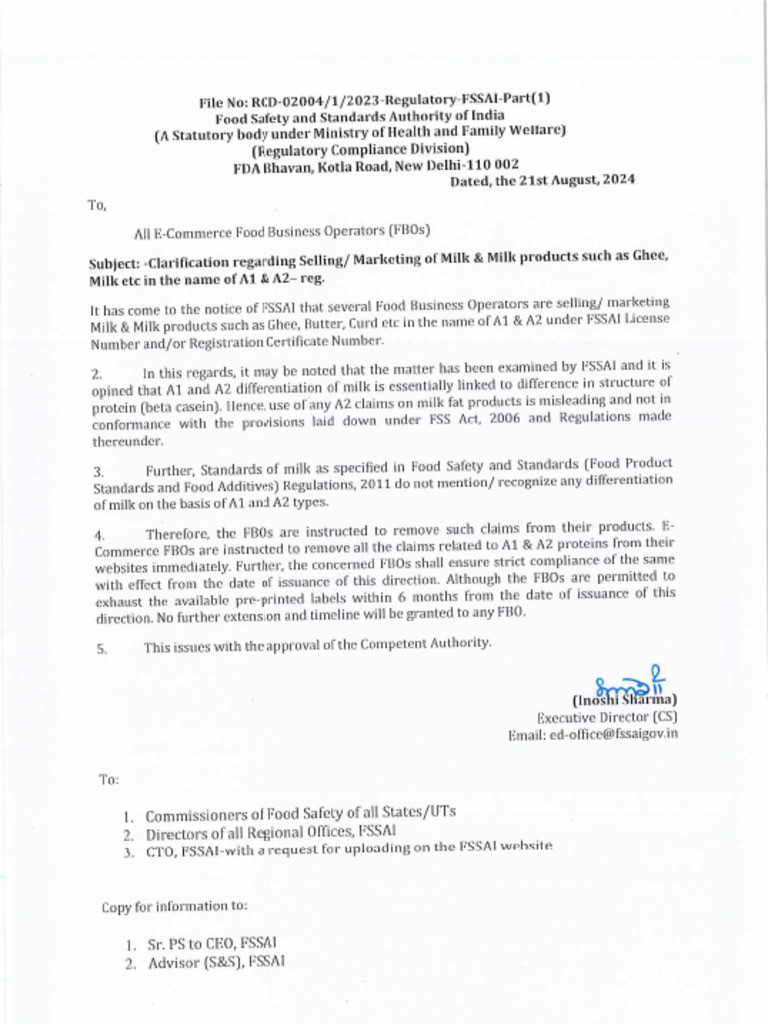 FSSAI Advisory A1 & A2 Milk & Milk Products 21082024 | PDF