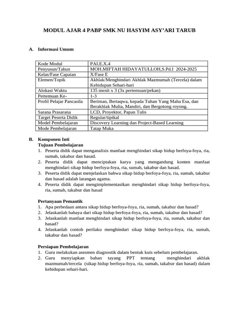 Modul Ajar Pai SMK Kelas X Bab 4 - Oke-Fin | PDF